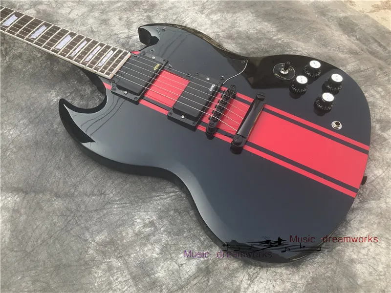 Custom SG electric guitar, black background, red stripe body, black ...