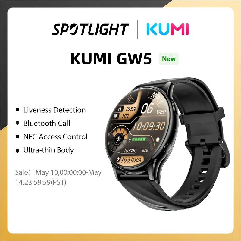 KUMI GW5 Smart Watch 1.39 inch NFC Bluetooth 5.2 100+ Sport Heart Rate Blood Pressure Oxygen ...