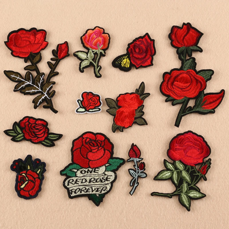 2PCS Retro Popular Handmade Patch Stickers Red rose DIY Embroidery ...