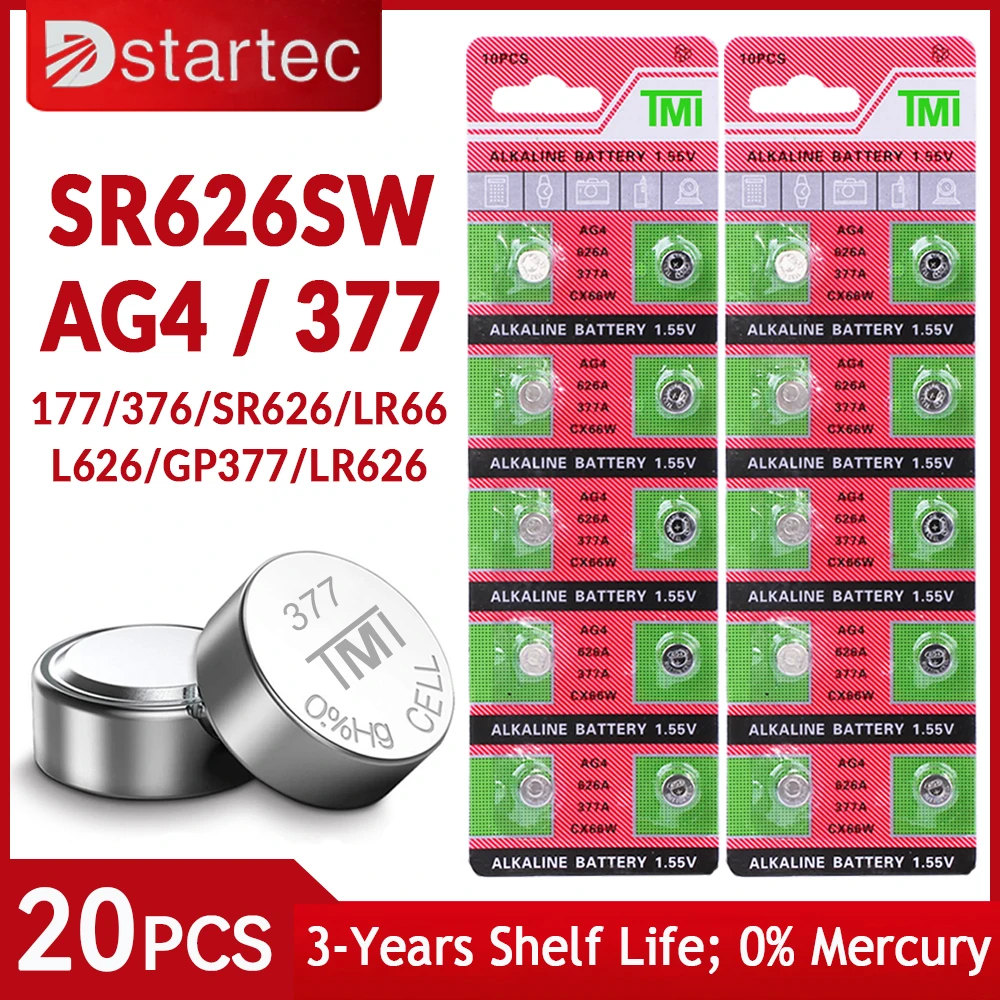 20Pcs AG4 LR66 377 1.55V Knop Batterijen Voor Horloge Speelgoed Remote 377A SR626 196 SR626SW ...