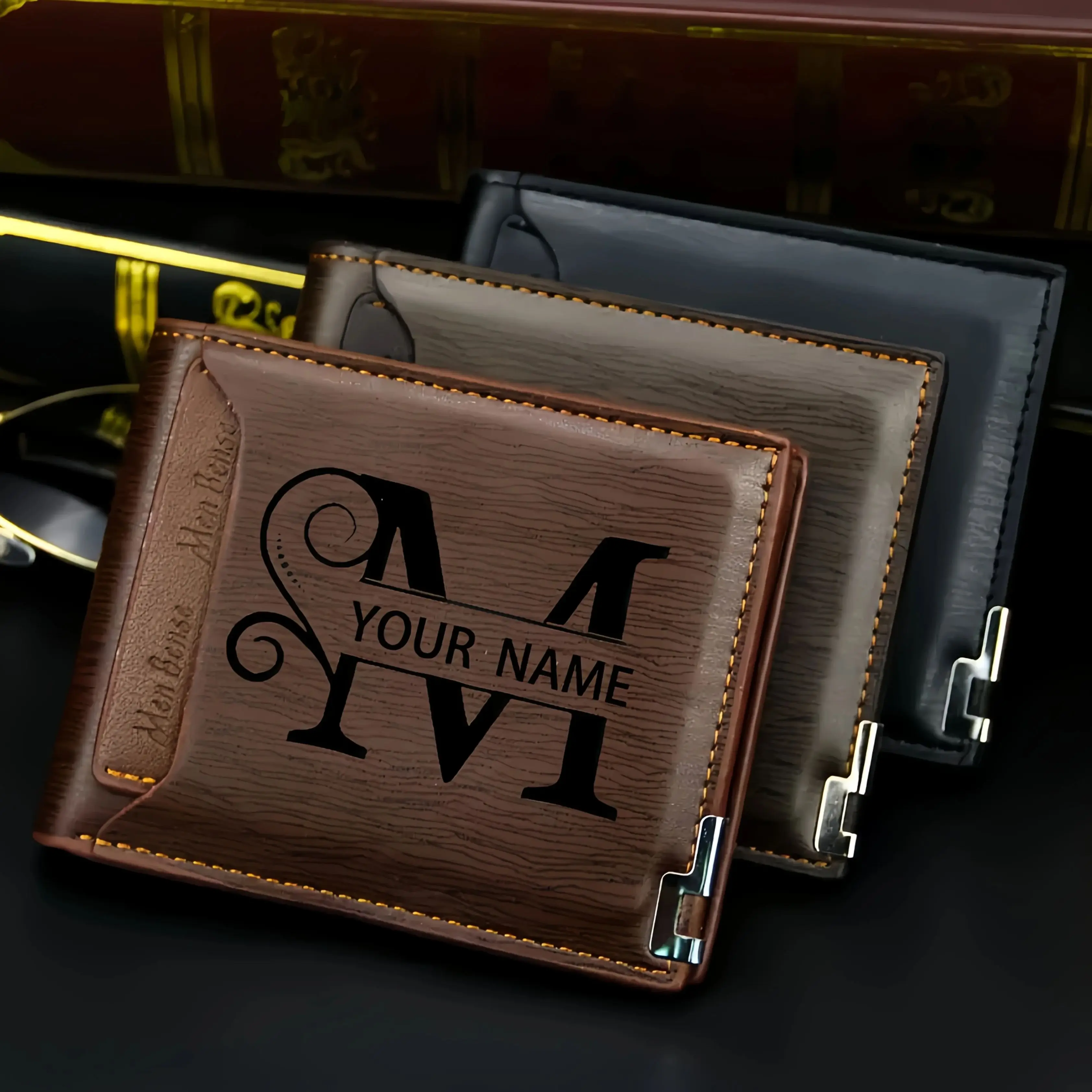 Custom Engraved Initials & Name PU Leather Wallet Men Gift for Birthday ...