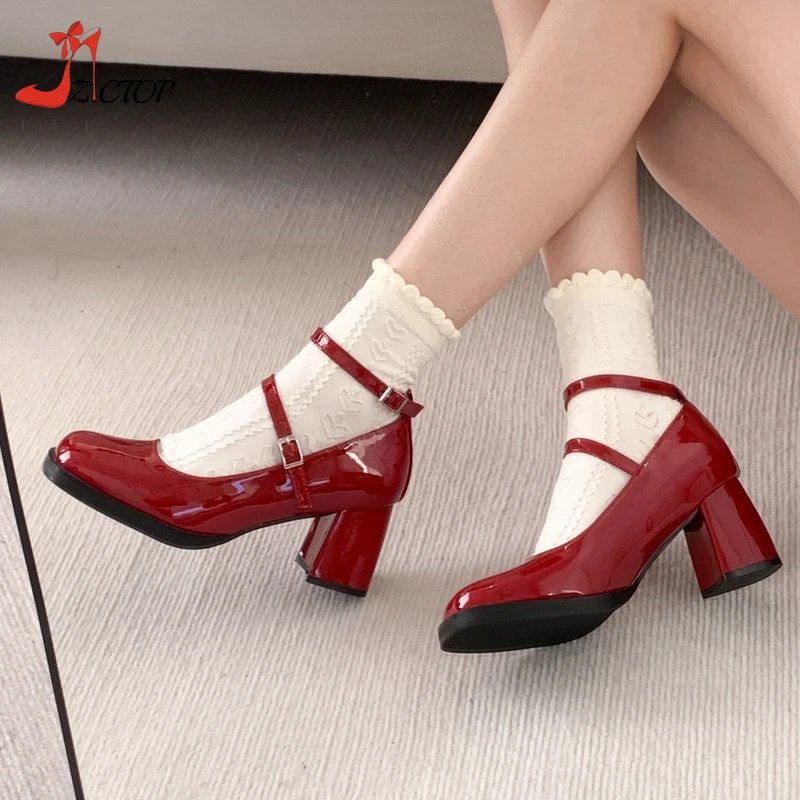 Red-Mary-Jane-Shoes-Thick-Heel-Women-s-Pumps-Patent-Leather-Retro-High ...