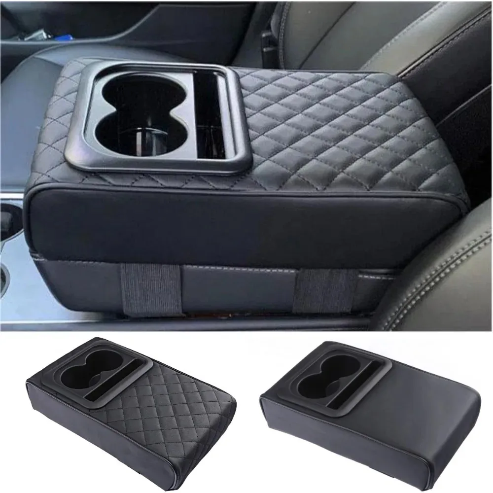 Auto-Center-Console-Armrest-Cushion-with-2-Cup-Holder-PU-Leather ...