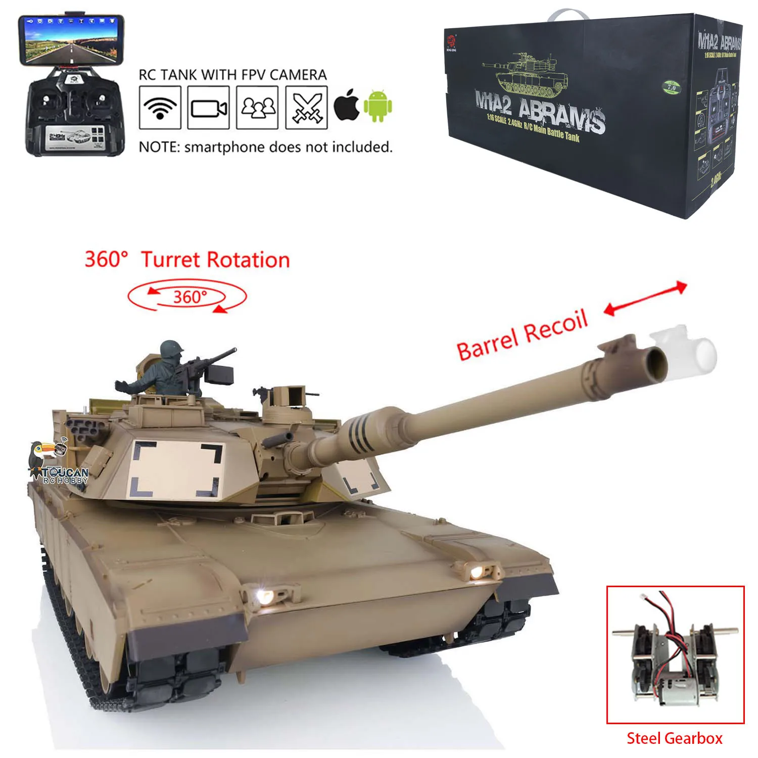 Heng Long 1/16 TK7.0 플라스틱 FPV M1A2 Abrams RC 탱크 3918 기어 박스 배럴 리코일 ...