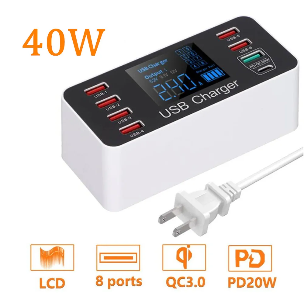 Estación de carga USB, cargador rápido 3,0, pantalla Digital LED inteligente, 40W, 8 puertos ...