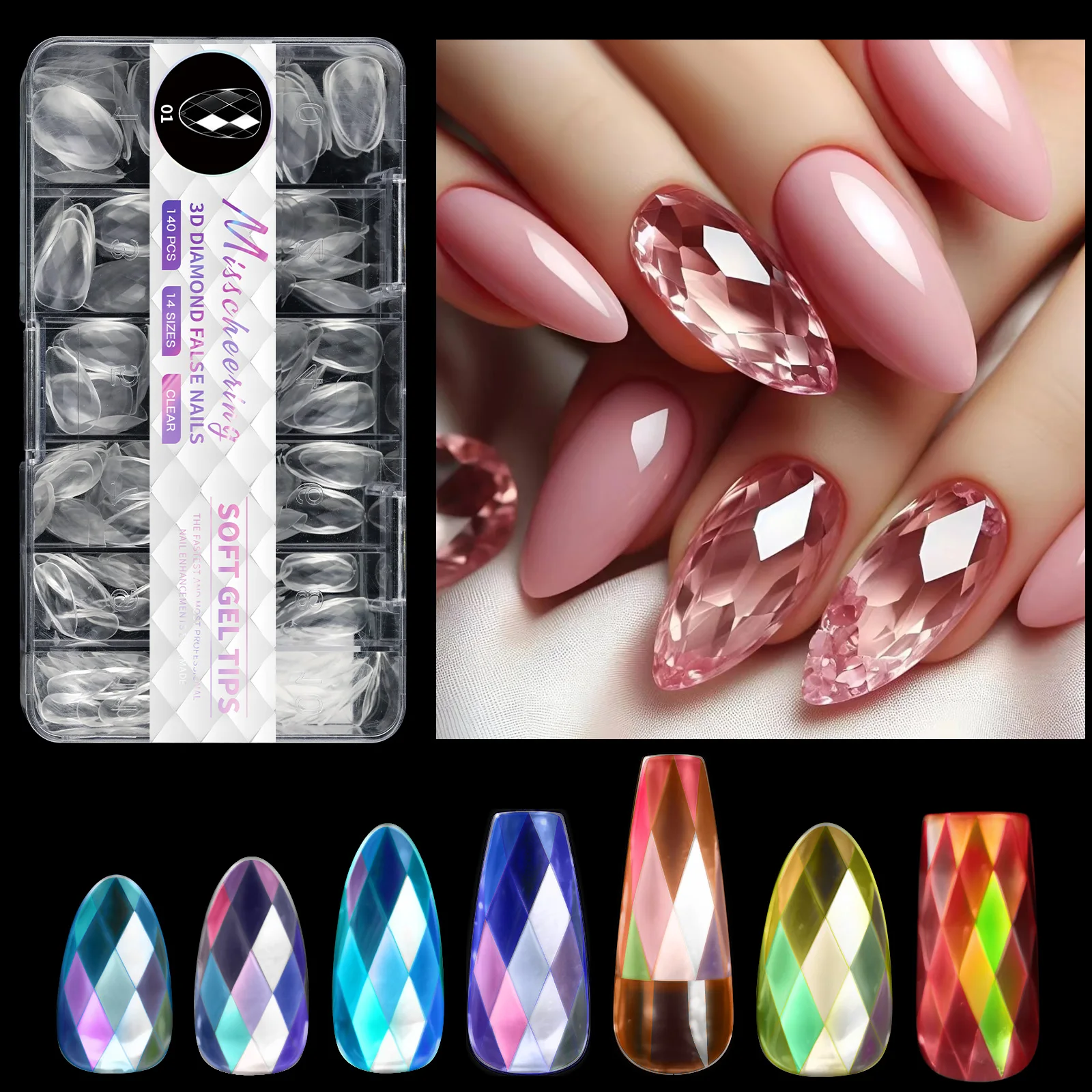 3D-Diamond-Gel-False-Nail-Tips-Almond-Nail-Ballet-False-Nails-Acrylic ...