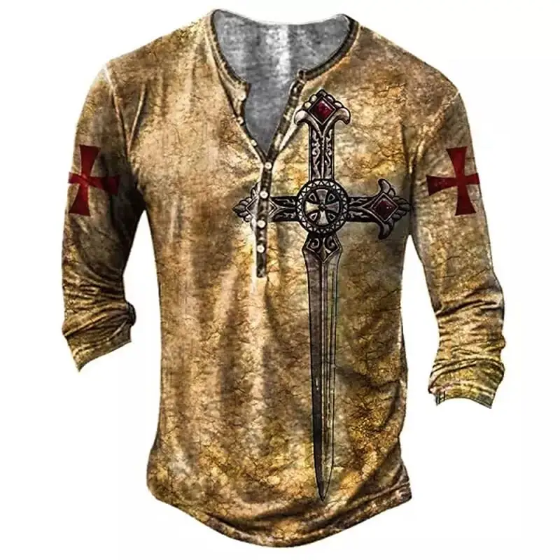Vintage Cotton Men's T-shirts 3D Printed Knight Gothic Long Sleeve ...