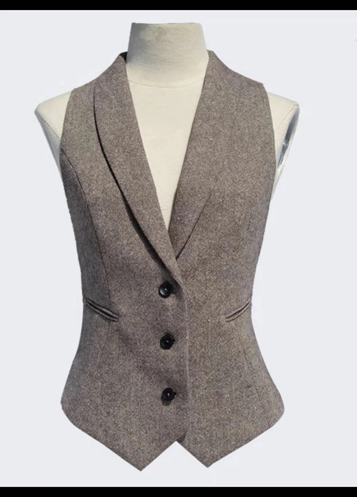 Waistcoat Woman Khaki Boutique Wool Tweed Lapel Collar Black Elegant OL ...