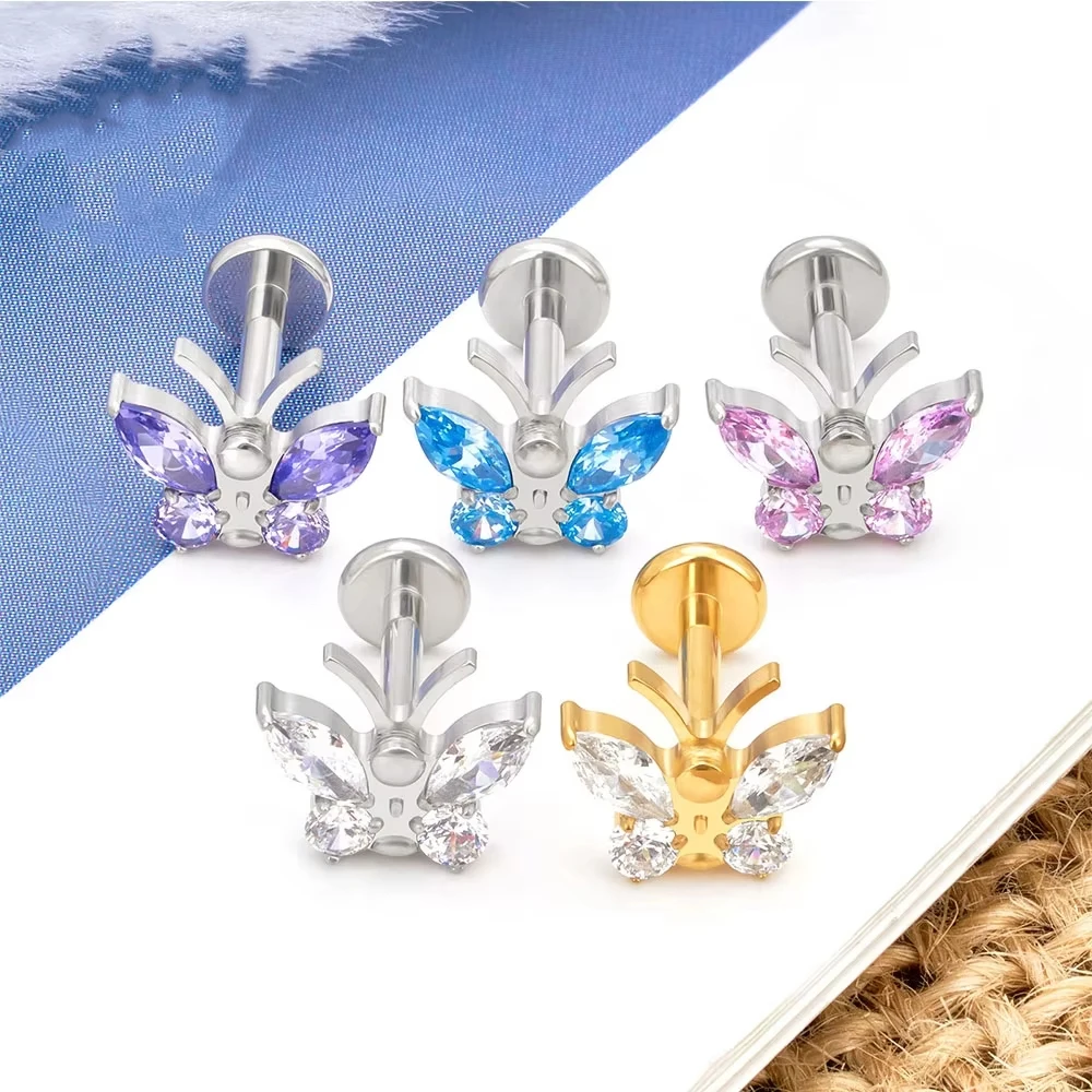 G23 ASTM F136 Titanium Sweet Butterfly Zircon Ear Nails Nose Nails Lip ...
