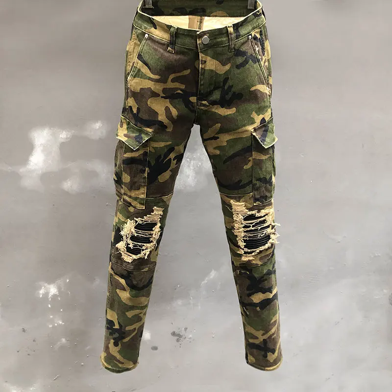 Men Camouflage Print Patchwork Military Biker Jeans For Moto Slim Fit ...