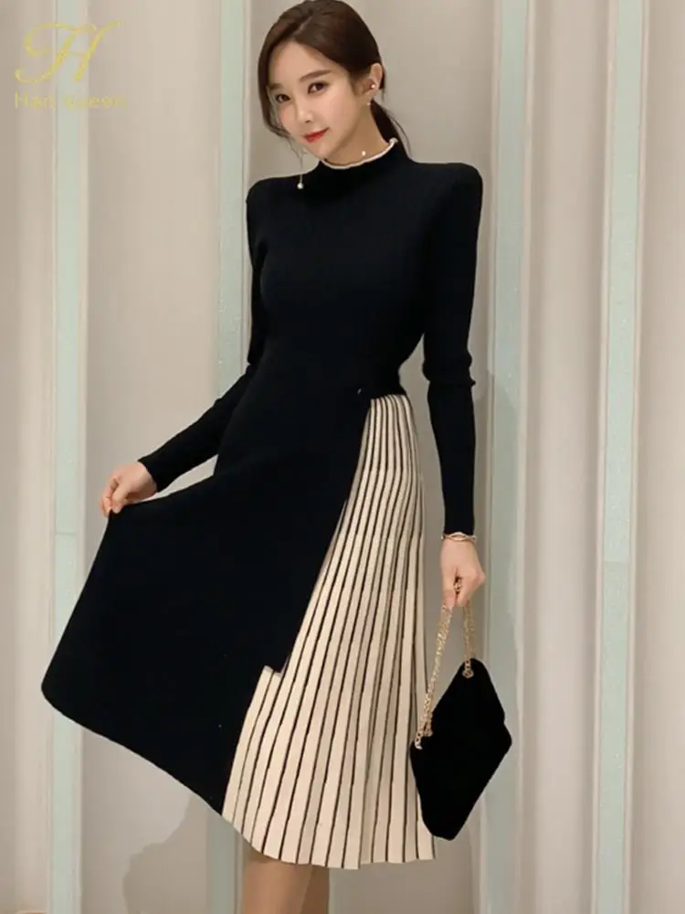 H Han Queen New Winter Elastic Knitted Dresses Women Color matching ...