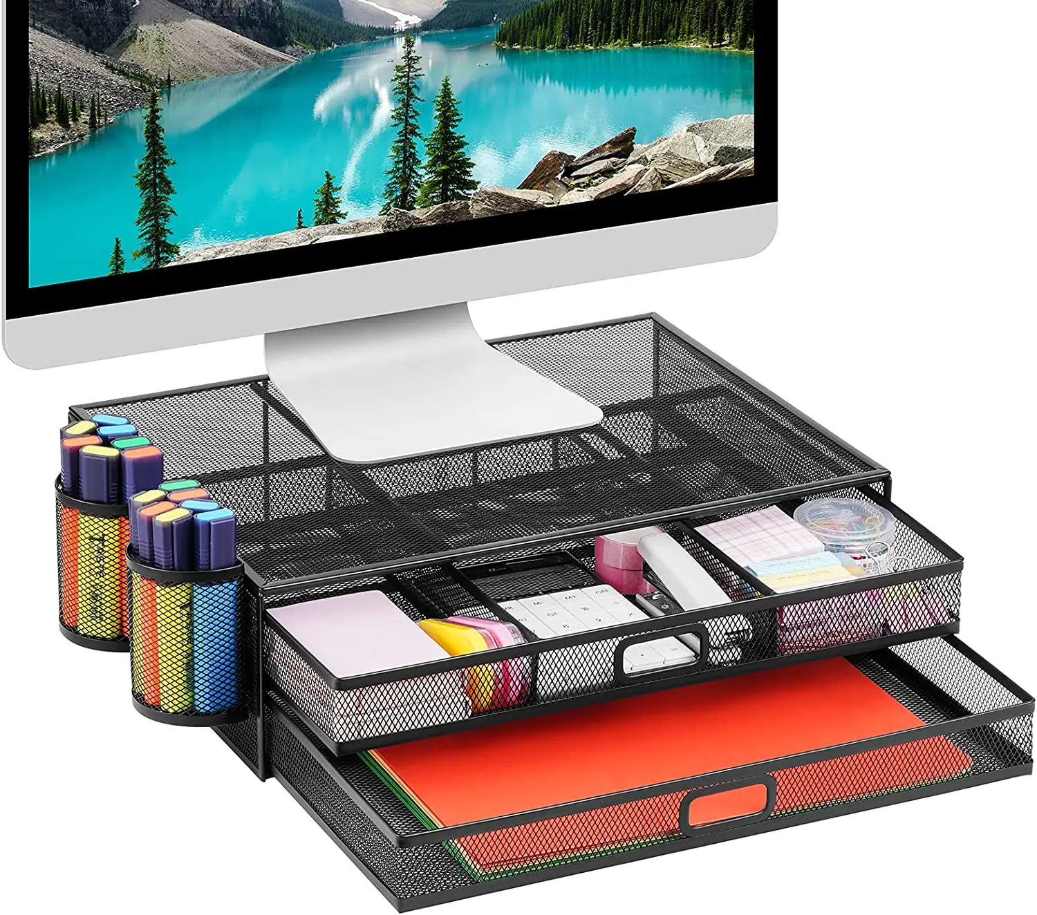 Wire Mesh Monitor Riser with Drawers - TidyPals.co.uk