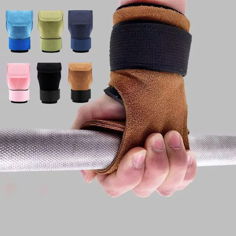 2Pcs Cowhide Gym Gloves Grips Anti-Skid Weight Power Belt Lifting Pads ...