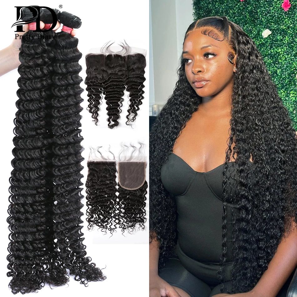 Deep Wave Brazilian Hair Weave Bundles With Closure 30 Inch 3 4 Bundles ...