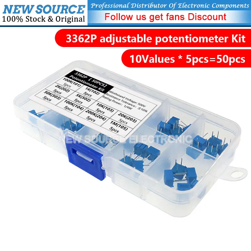 3362P 50PCS=10values*5PCS Multiturn Trimming Potentiometers Kit 1K-1M ...