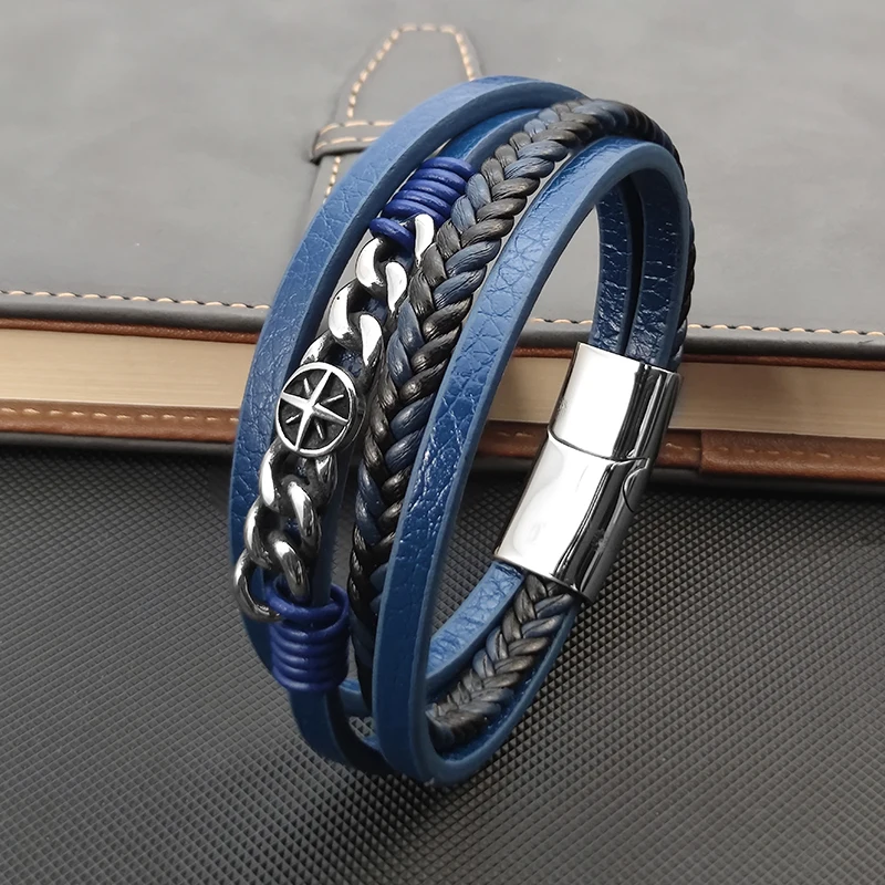 Charm Blue Braided Leather Hexagram Bracelet for Men Stainless Steel ...