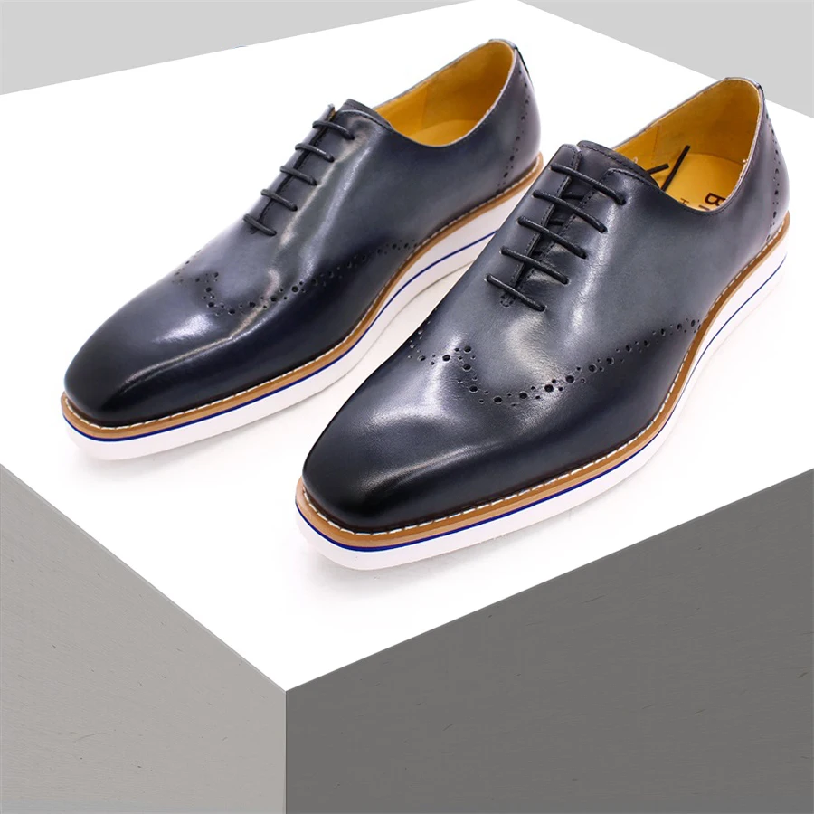 Genuine Leather Men's Casual Shoes Comfortable Lace-Up Brogue Handmade ...