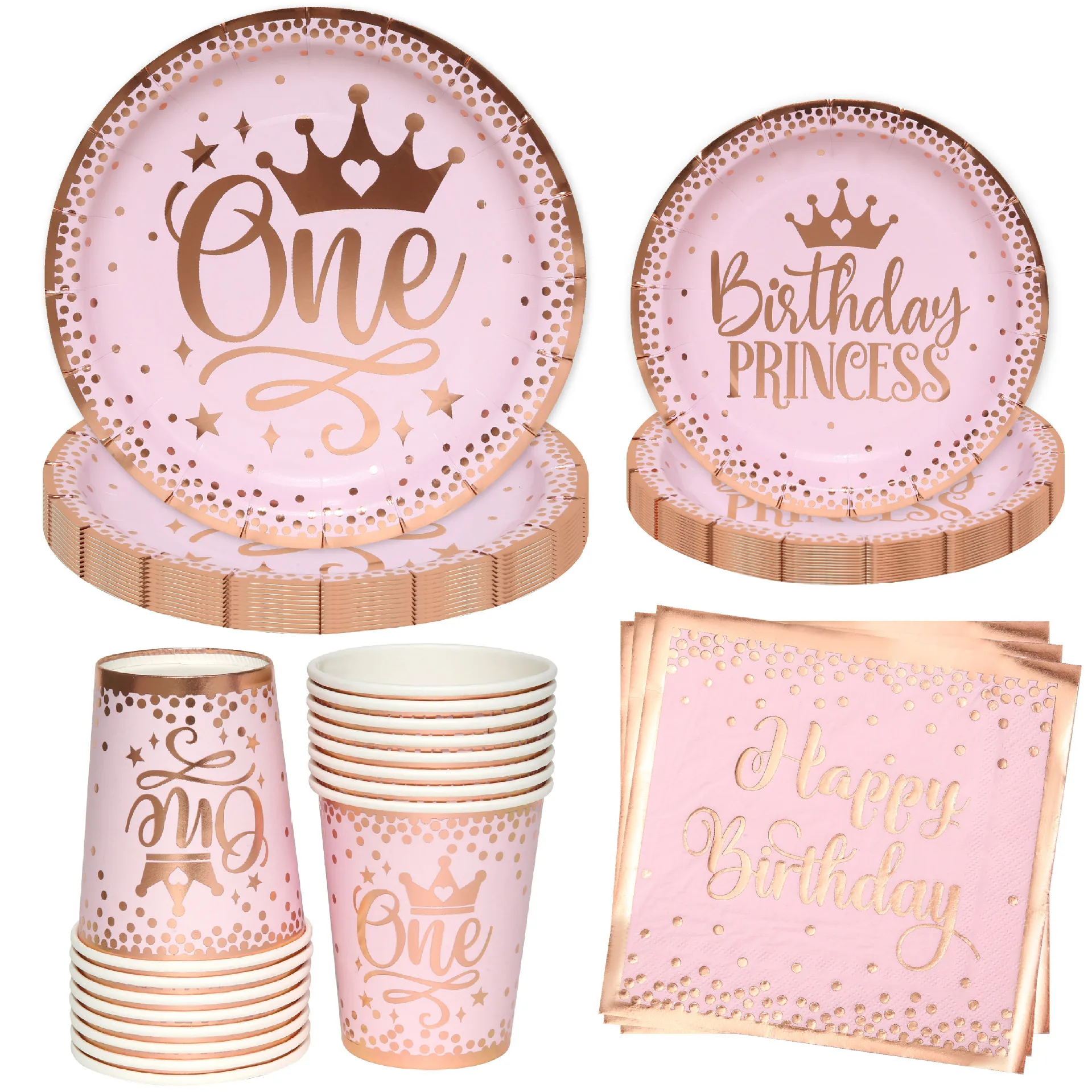 8pcs Pink 1st Birthday Tableware Set for Girls 1st Year Old Paper Plate ...