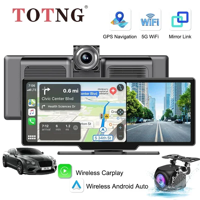 10.26'' Dash Cam 4K Car Mirror Video Player Wireless Carplay Android ...