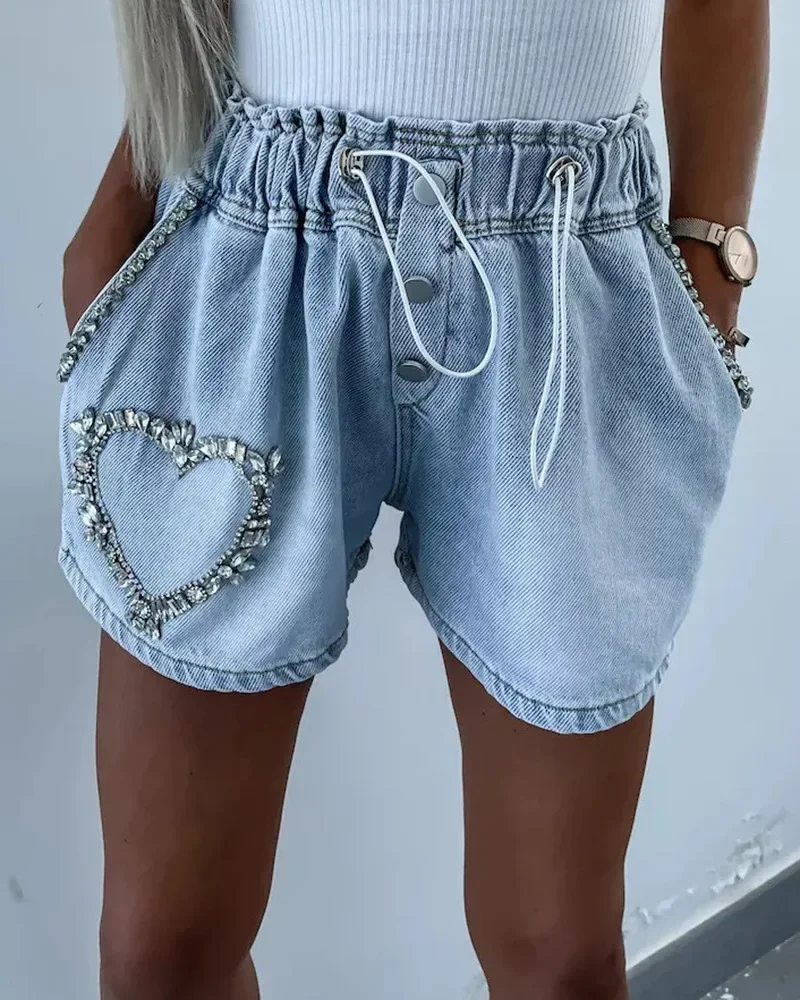 Rhinestone Heart Pattern Drawstring Denim Shorts Women Fashion Spring ...