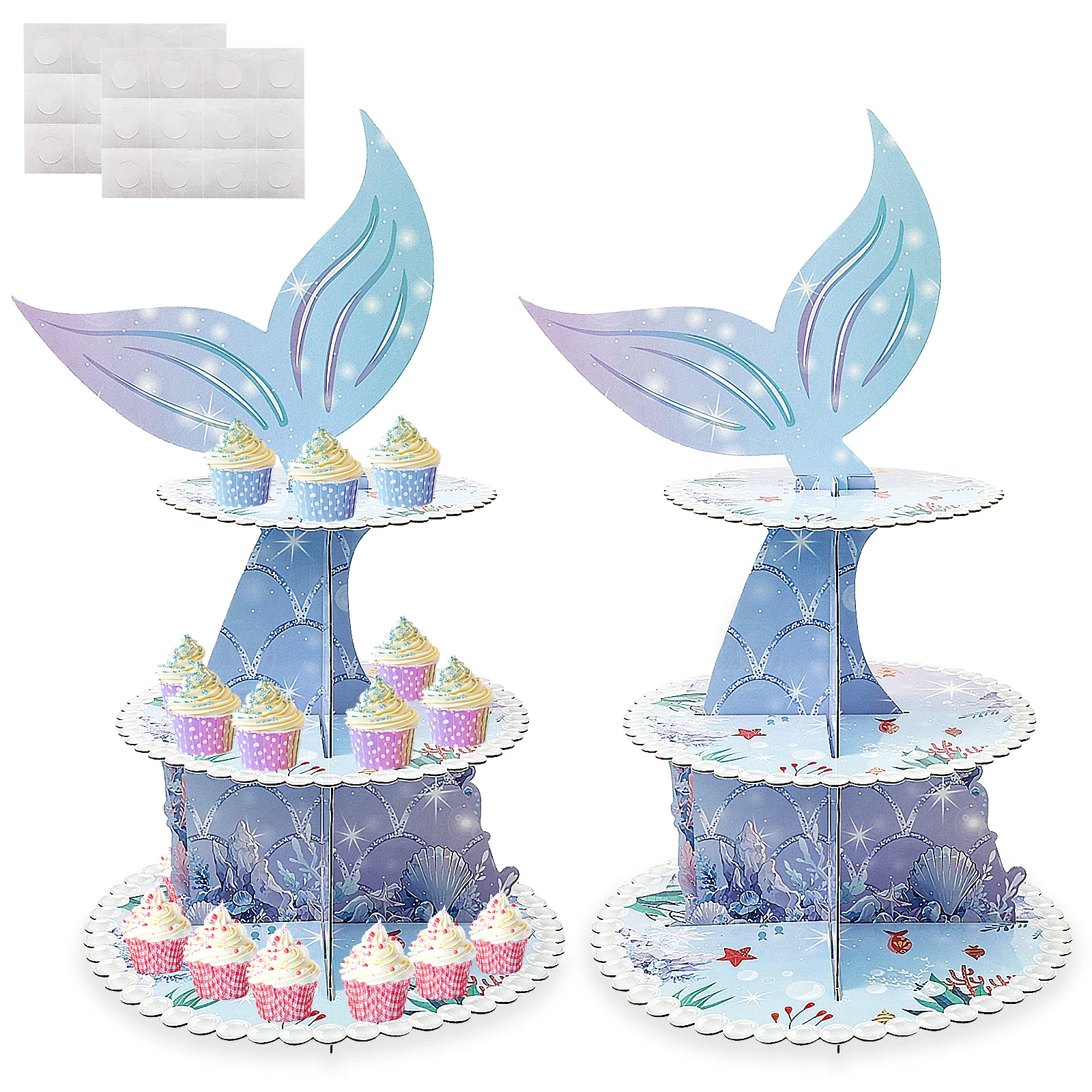2Pcs Mermaid Cake Stand Reusable 3 Tier Cupcake Tray Tower Decorative ...