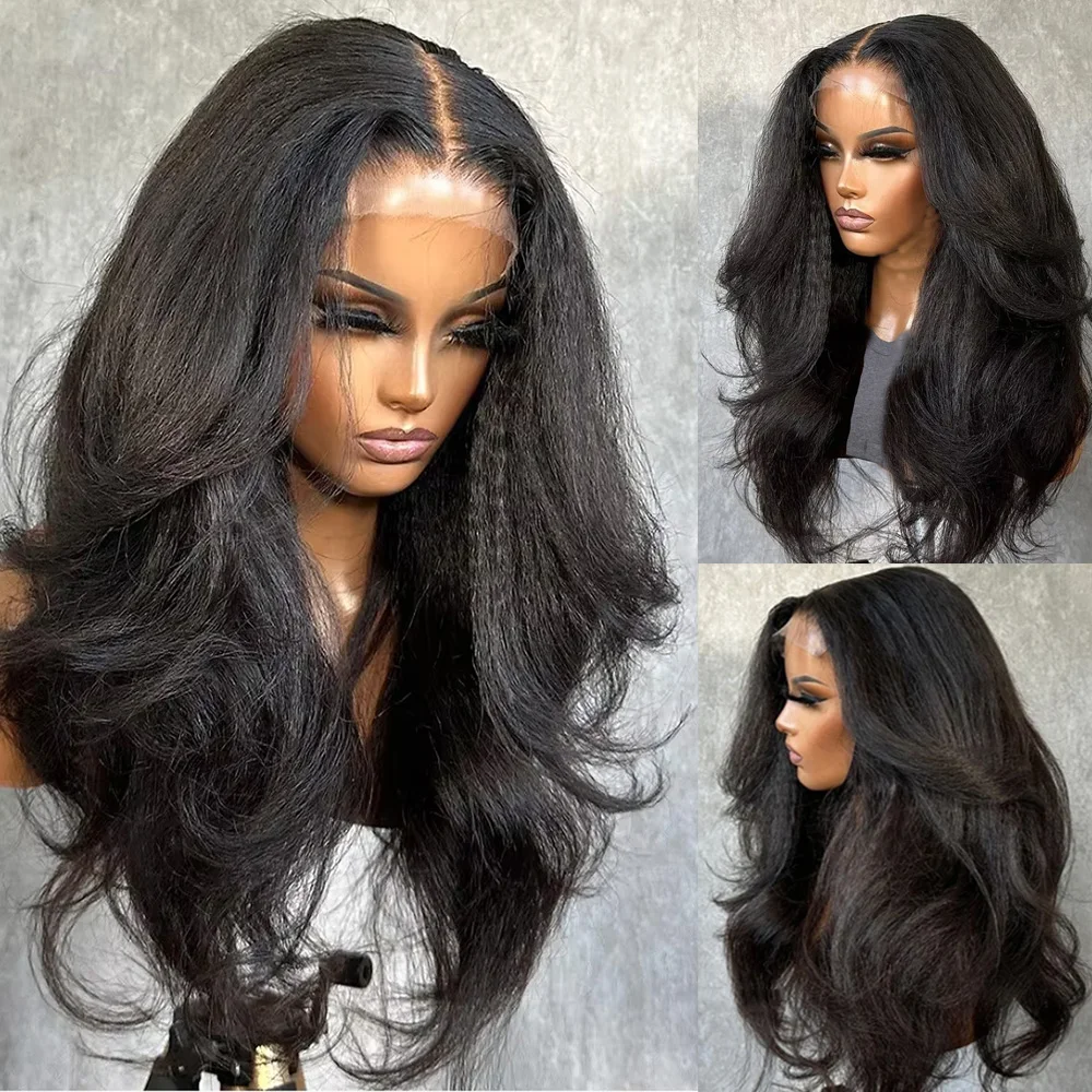 26 Inch Double Texture Body Wave and Yaki 13x4 Lace Front Wig Kinky ...