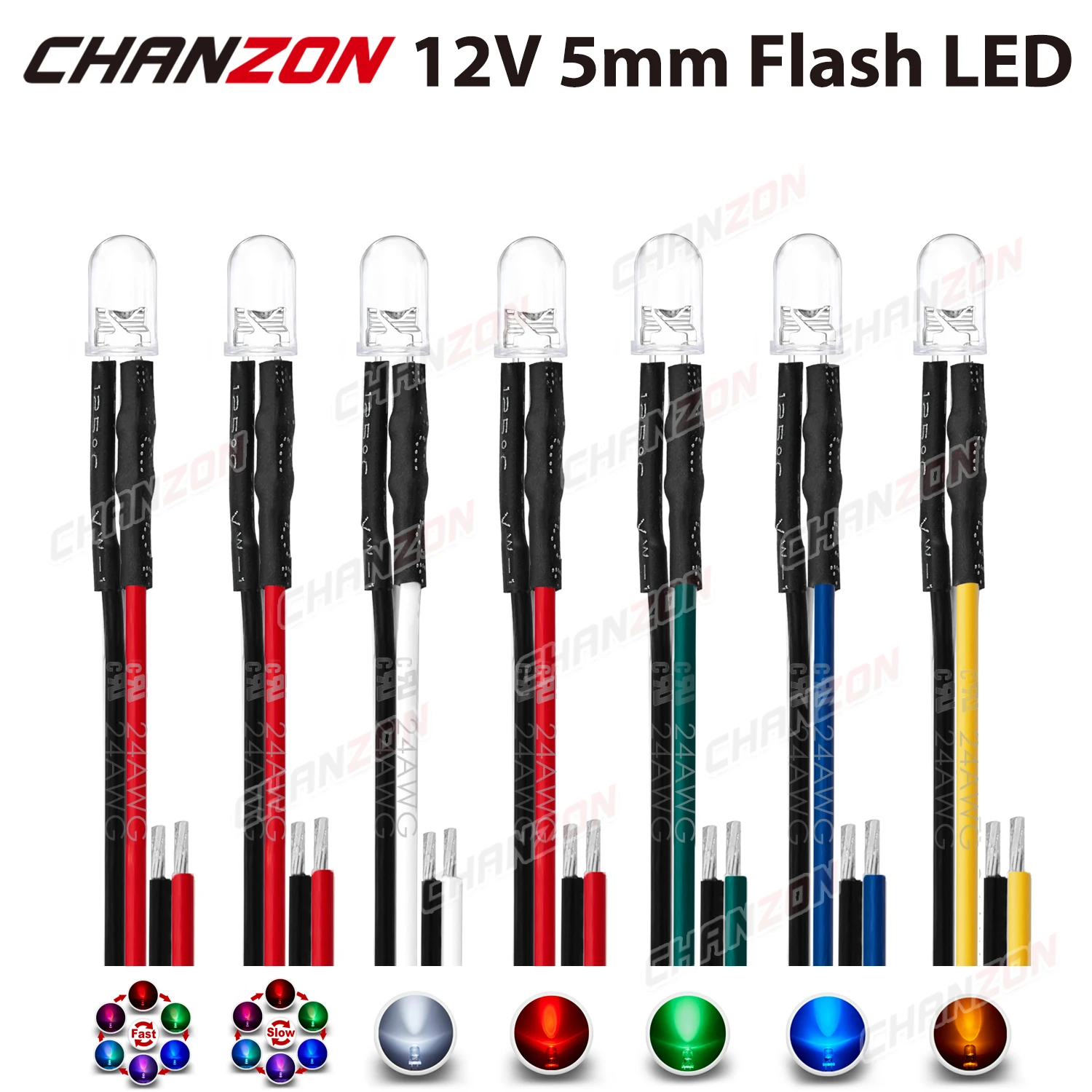 20Pcs-5mm-LED-Diode-12V-White-Red-Green-Blue-Yellow-RGB-Fast-Slow-Flash ...