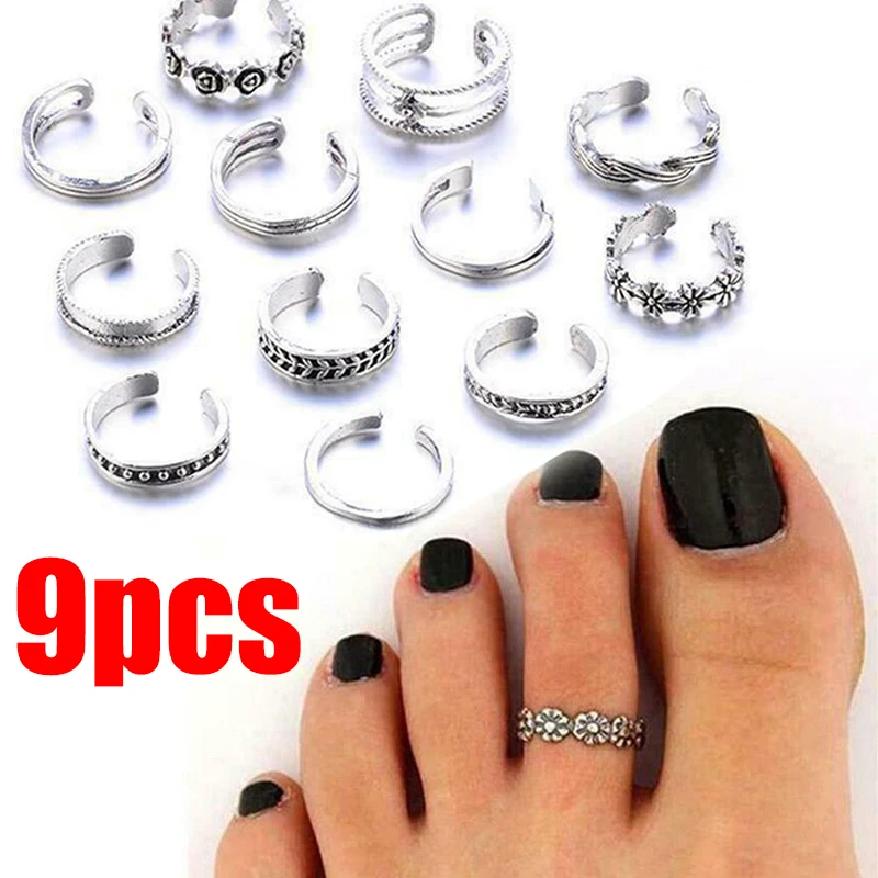 9Pcs Adjustable Toe Rings for Women Hypoallergenic Open Toe Ring Set Women Beach Foot Jewelry ...