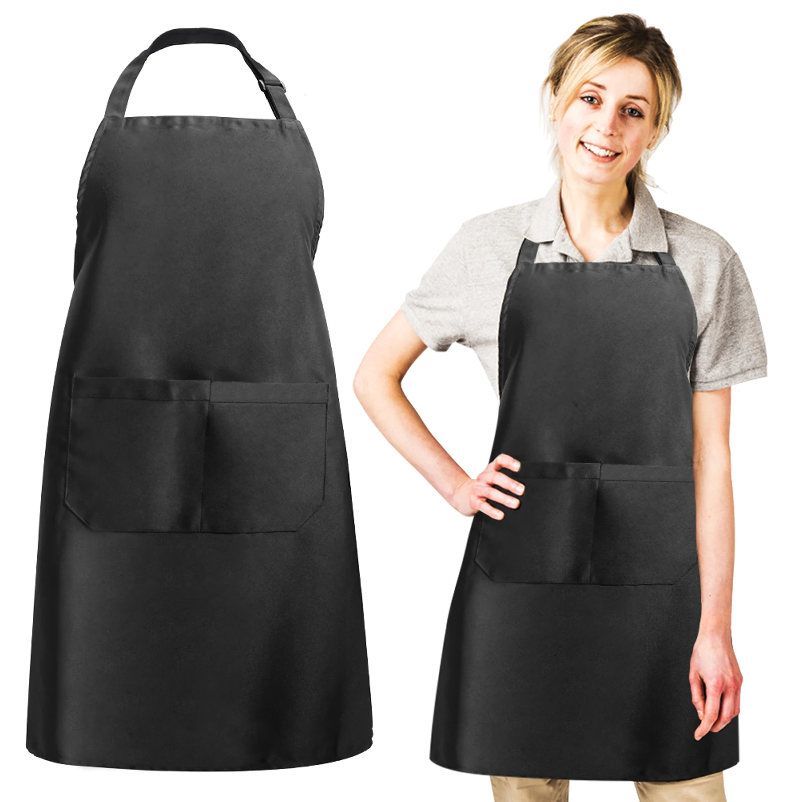 Women Men Solid 2 Pockets Baker Professional Kitchen Apron Reusable ...