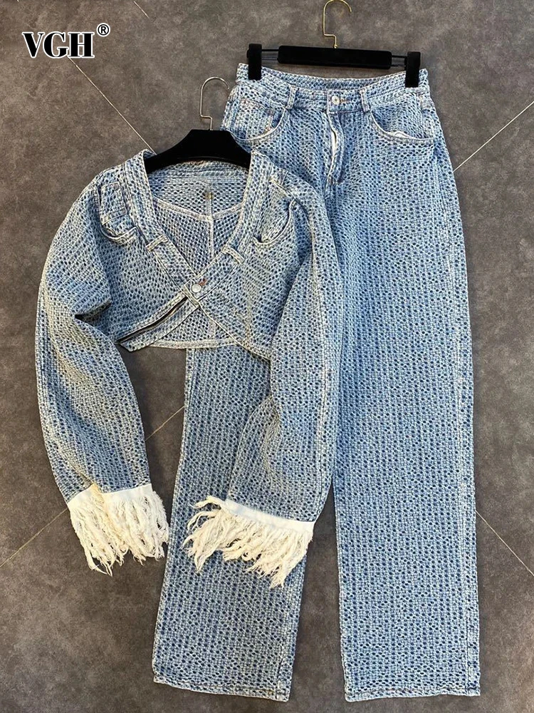 VGH-Denim-Two-Piece-Set-For-Women-V-Neck-Long-Sleeve-Spliced-Tassel-Top ...