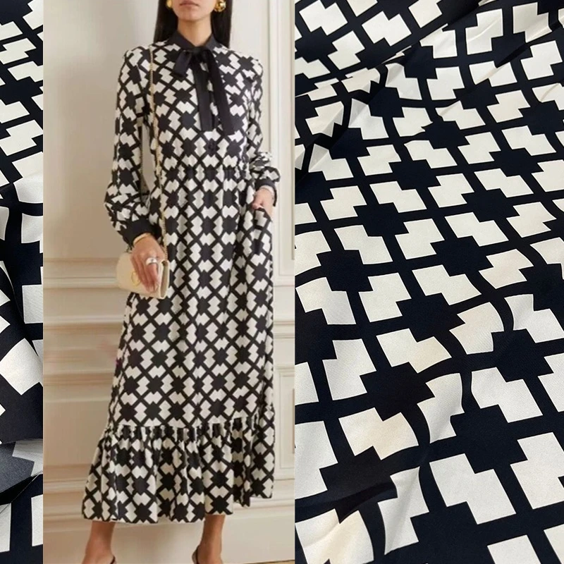 Spring-Summer-Simple-Fashion-Black-and-White-Plaid-Printed-Silk-Twill ...