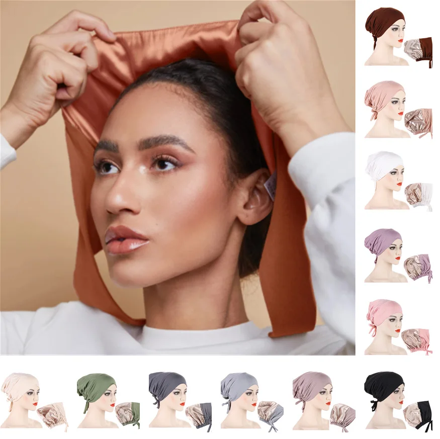 Double-Layer-Modal-Satin-Hijab-Cap-Islam-Undercap-with-Tie-Bonnet ...