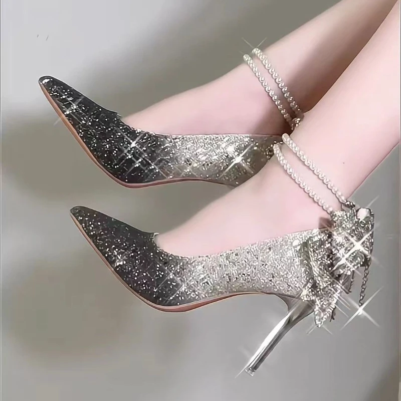 Shiny Bowknot Thin Heels Pumps Women Slip-On Bling Crystal Party Shoes ...