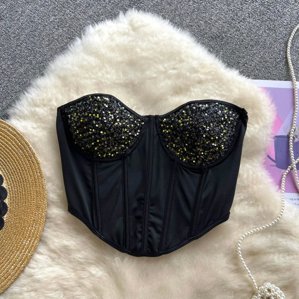 Foamlina Summer Women Black Sequined Tube Top Sexy Strapless Sleeveless ...