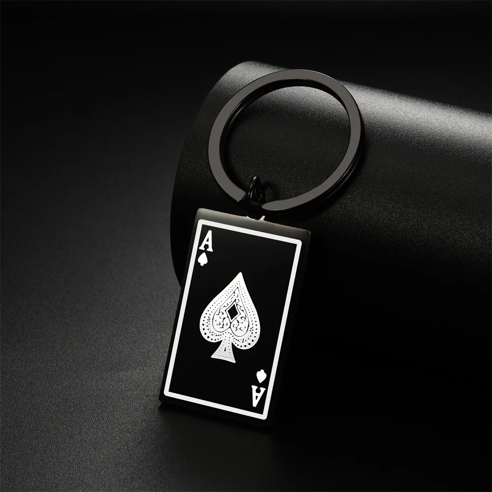 EUEAVAN Punk Lucky Ace of Spades Keychain Stainless Steel Square Poker ...