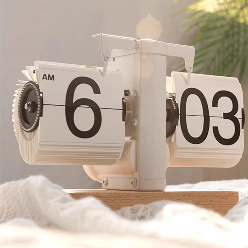 White-Color-Flip-Desk-Clock-Solid-Wood-Base-Design-Auto-Flip-Clock ...