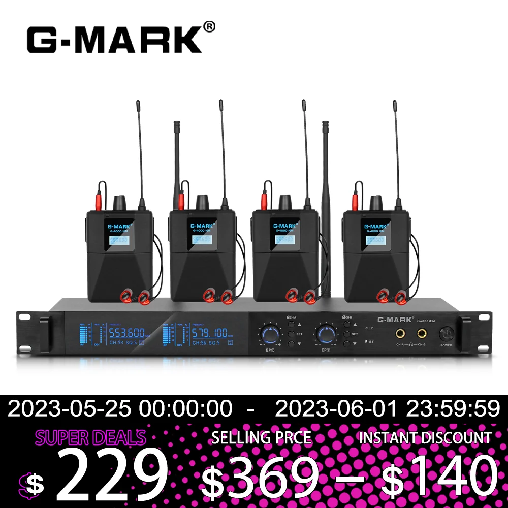 인이어 모니터 시스템 G MARK G4000IEM UHF 무선 스테이지 리턴, 이어폰 포함, 기타 스튜디오 밴드용 금속 바디 ...