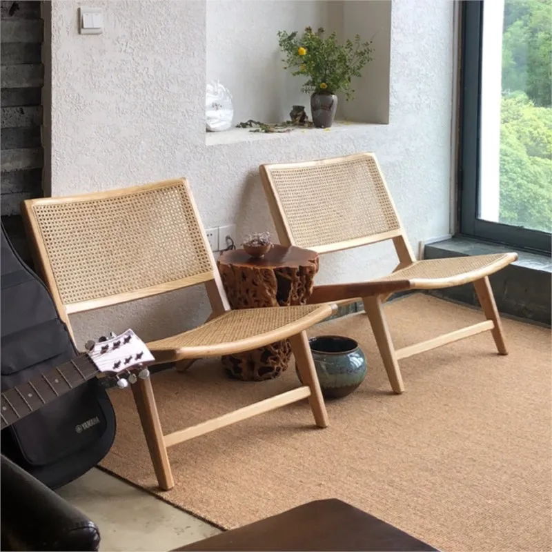 MOMO Nordic B&B Leisure Lazy Sofa Rattan Chair Solid Wood Sofa Chair ...
