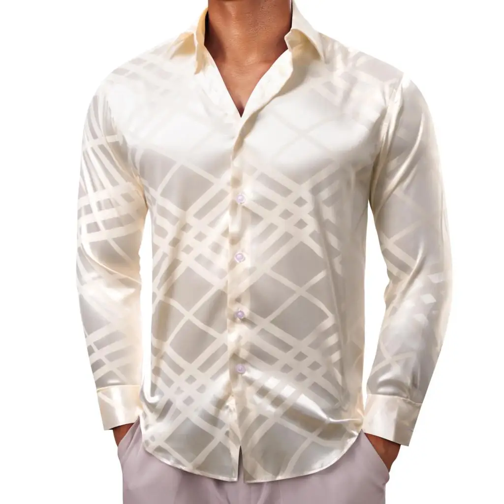 Luxury-Shirts-for-Men-Silk-Satin-Beige-Plaid-Long-Sleeve-Slim-Fit-Male ...