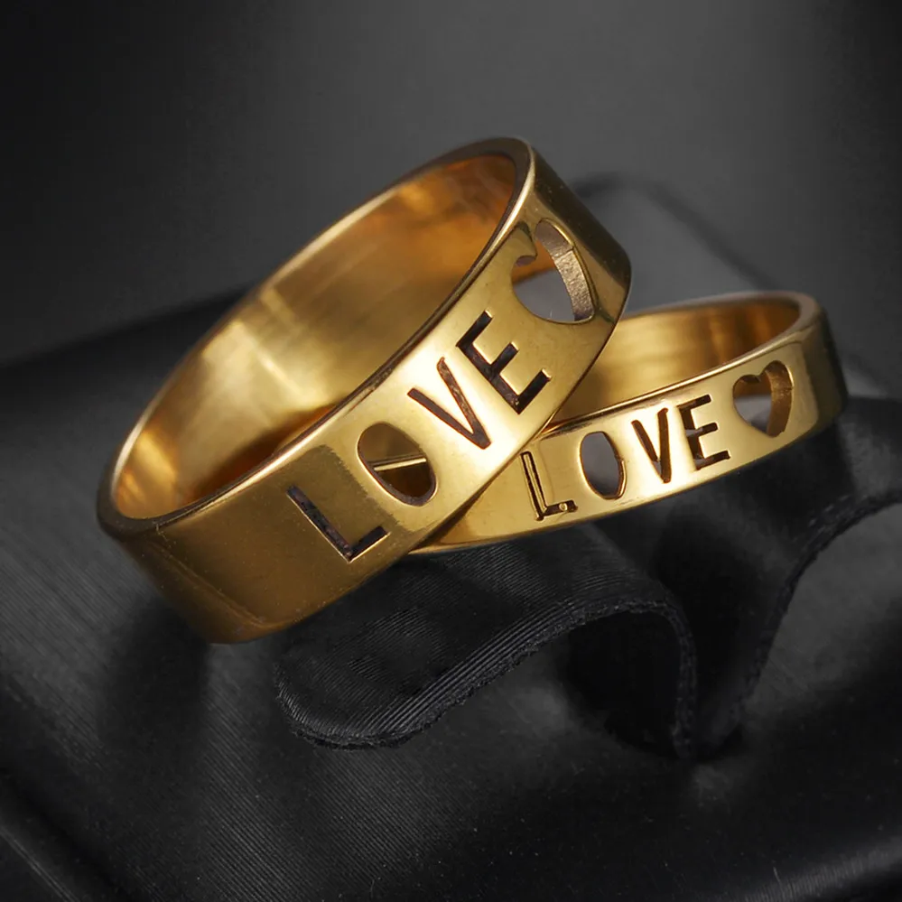 2pcs/set Romantic Couple Rings For Women Men Punk Heart Gold Silver ...