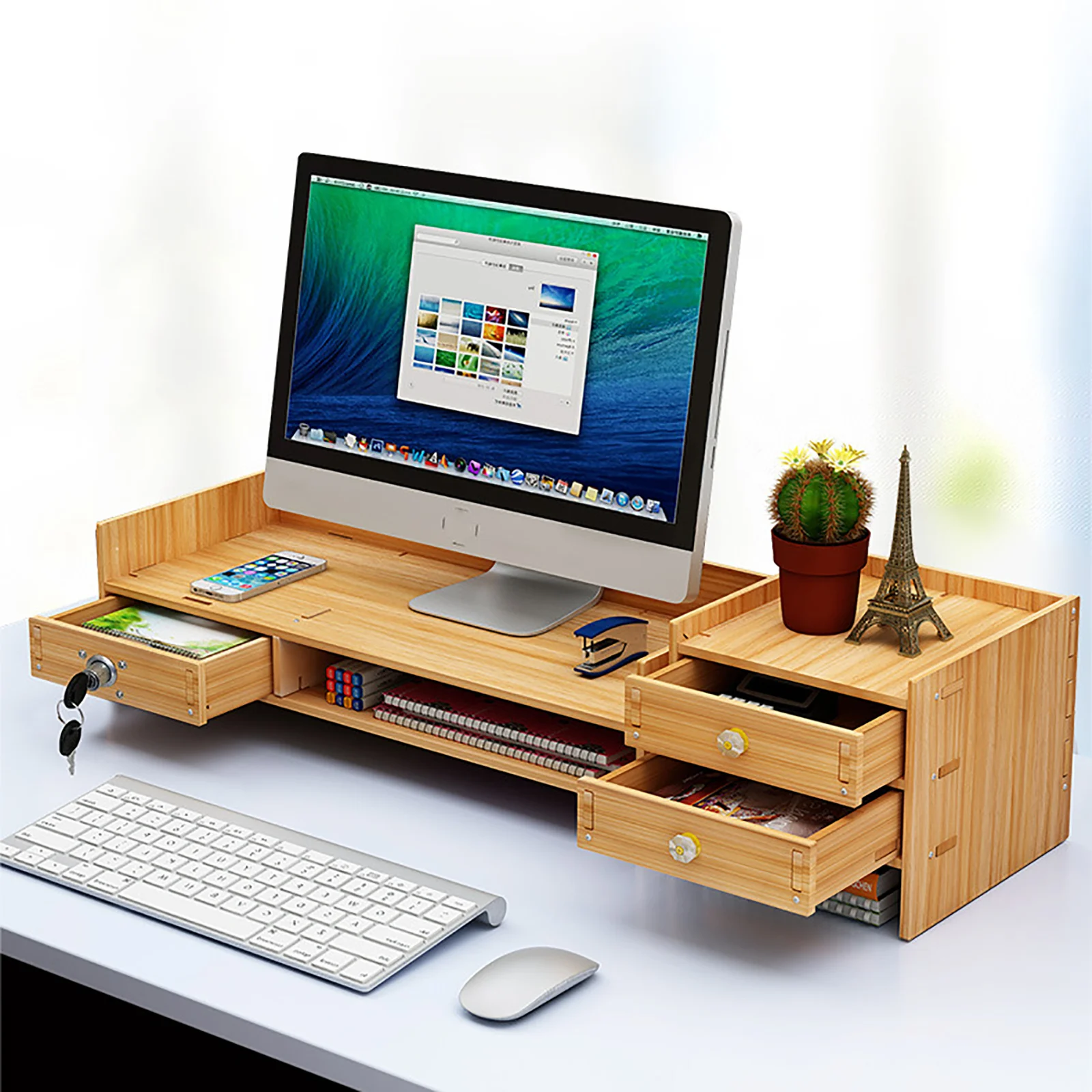 Wooden Desk Organizers with Lock, Computer Desktop Tray, Storage ...