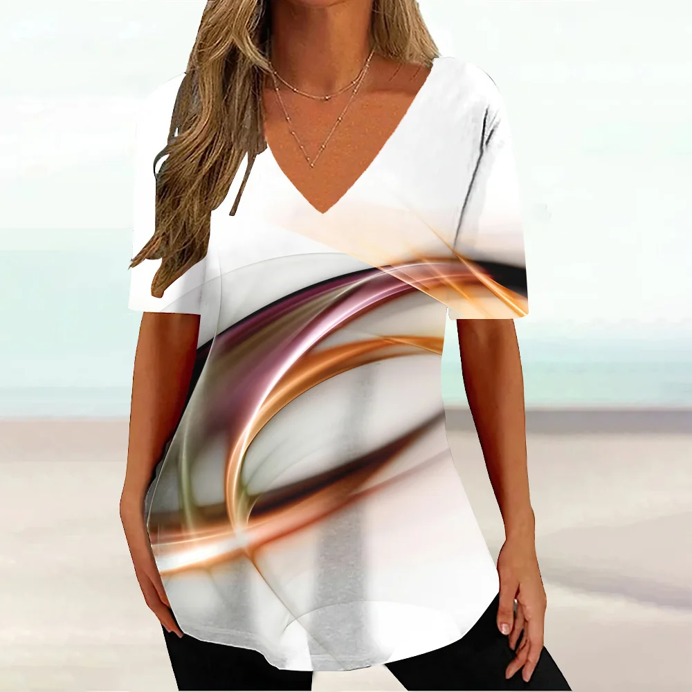 Curved-Printed-Women-s-T-Shirt-Summer-V-Neck-Clothes-Ladies-Casual ...