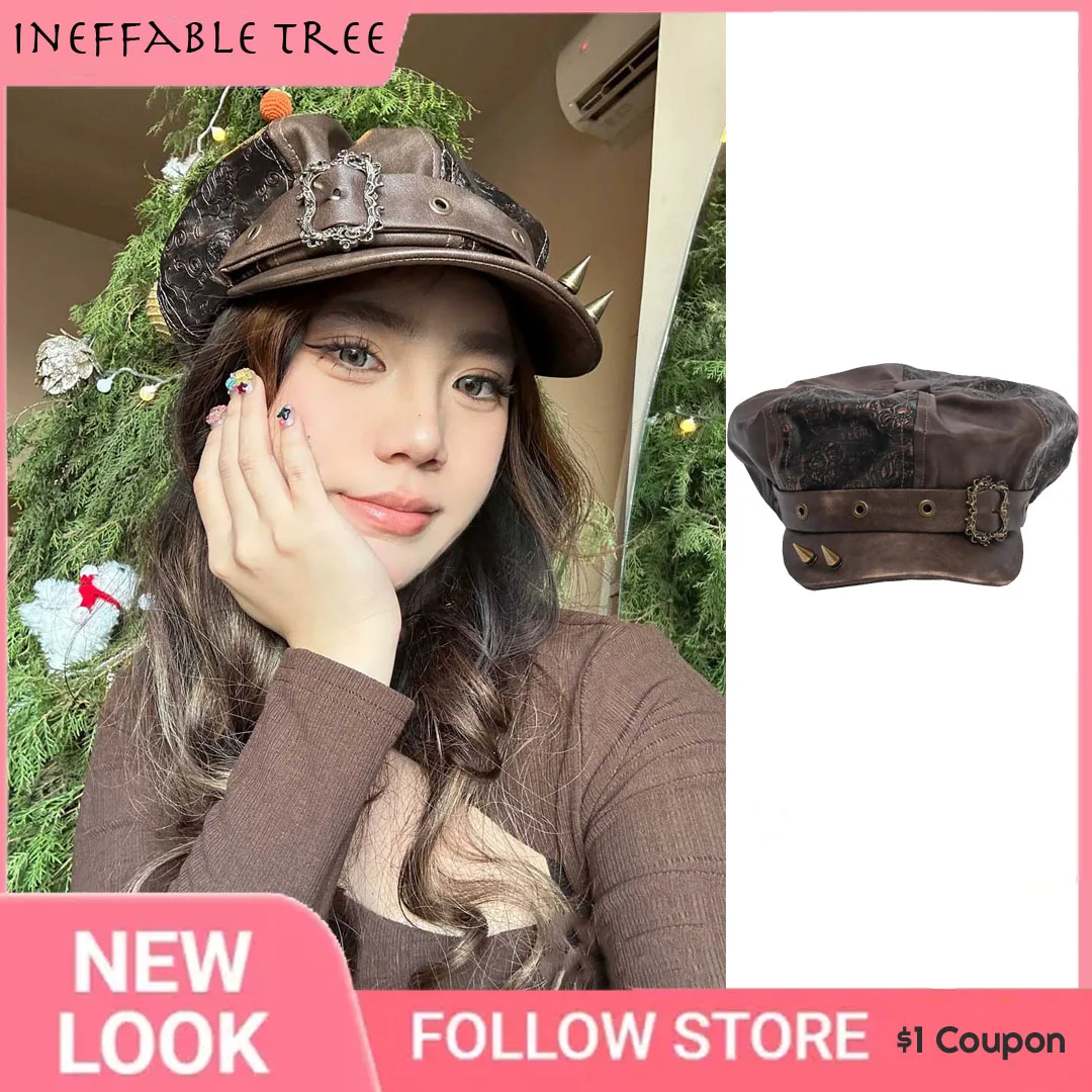 Y2K Steampunk PU Leather Military Hat Punk Retro Old Rivet Casquette ...