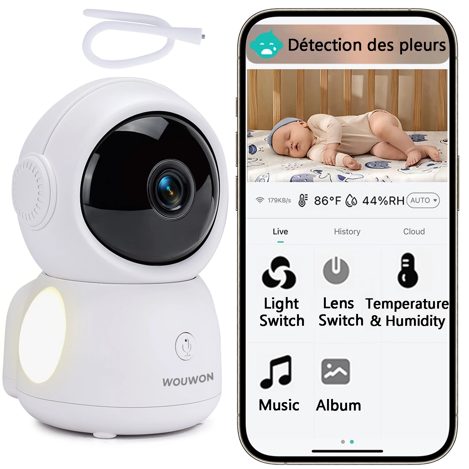 WOUWON RGB Night Light Baby Monitor Baby Camera Cry Detect Temperature ...