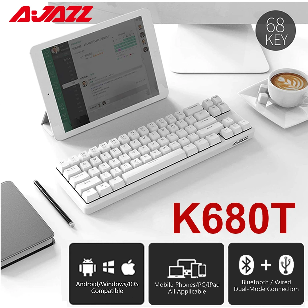 Ajazz K680t 68-key Wireless Mechanical Keyboard White Backlit Anti ...