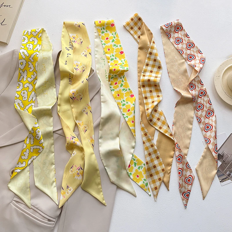 Long Skinny Satin Silk Scarf Printed Women Yellow Head Scarf Brand ...