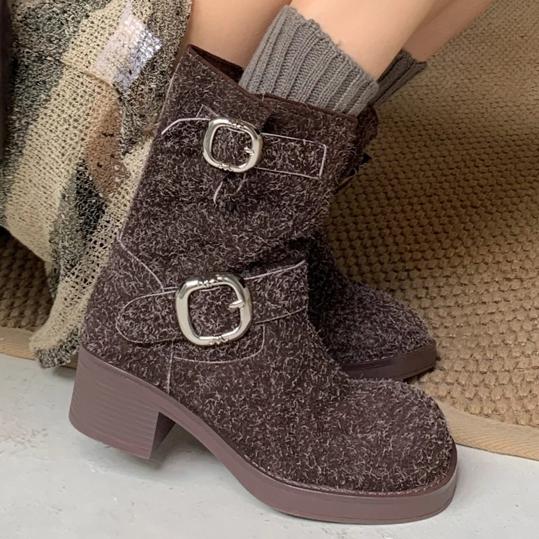 Botines de ante natural con doble hebilla de metal para mujer, botas ...