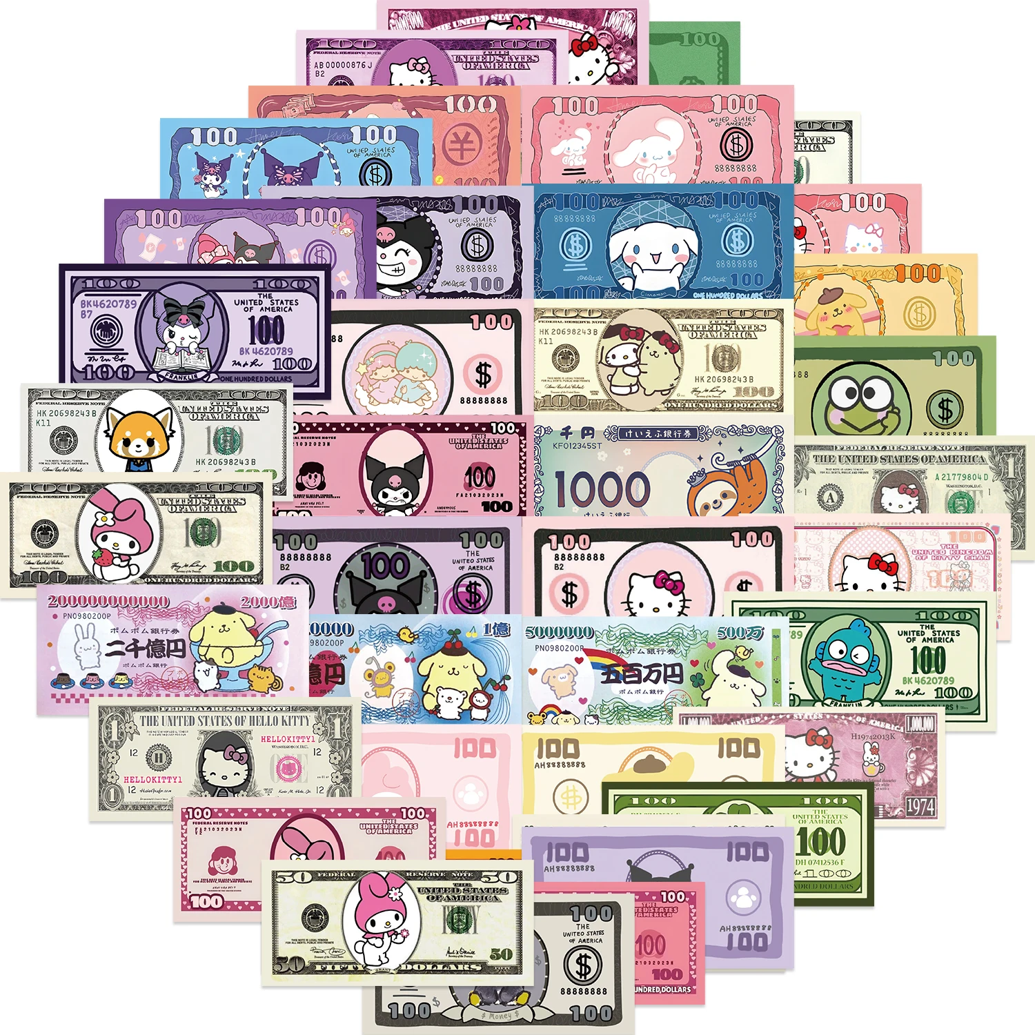 50PCS-Funny-Paper-Money-Sanrio-Stickers-Cartoon-Money-Dollar-Decals-DIY ...