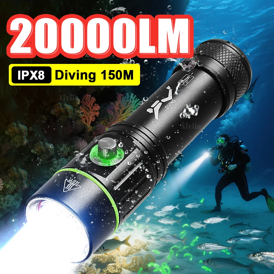 NEW Professional IP8 Waterproof Diving Flashlight 20000LM Super Bright ...