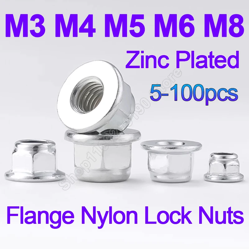 5-100pcs-M3-M4-M5-M6-M8-Zinc-Plated-Hex-Flange-Nylon-Insert-Lock-Nut ...